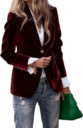ORANDESIGNE Blazer en Velours pour Femme &agrave; Manches Longues OL Bureau Affaires Jackets &Eacute;l&eacute;gant Blouson Revers avec Bouton Vintage Manteau B Vin Rouge S