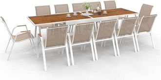 IDMarket Salon de jardin NOUMEA extensible table 135/270 cm plateau verre tremp&eacute; effet bois et 12 chaises empilables blanc et bois