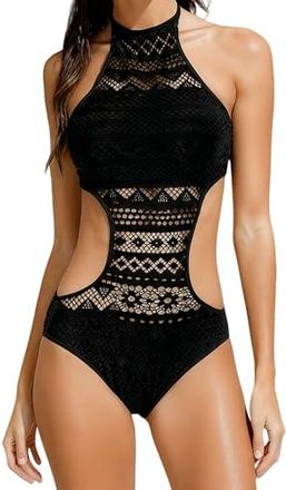 Ocean Plus Femmes Noir Maillot de Bain &agrave; Col Haut Halter Dentelle One Piece Cut Out Padded Monokini (XXL/40, Dentelle Noire)
