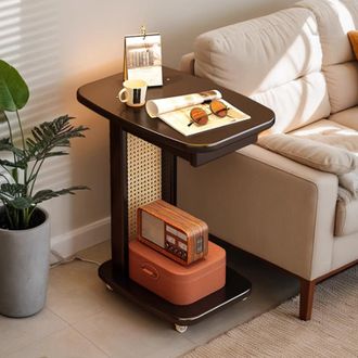 Generic Beistelltische F&uuml;Rs Wohnzimmer, C-F&ouml;Rmiger Tisch F&uuml;Rs Sofa Mit 360&deg;-Rolle, Tischplatte Aus Massivholz, Doppelstangenhalterung F&uuml;Rs Schlafzimmer