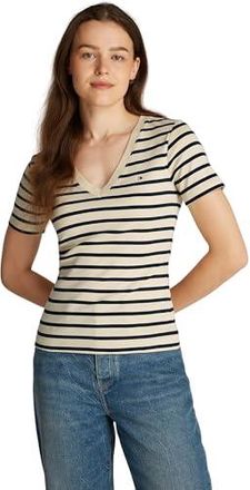 Tommy Hilfiger T-Shirt Manches Courtes Femme New Slim Cody Col en V, Multicolore (Fine STP Country Ivory/DRK N Navy), XXXL