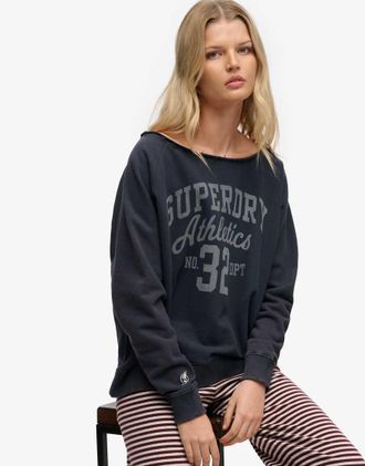 Superdry Athletic Essentials - Sweat ras de cou &agrave; encolure Bardot - Bleu marine &eacute;clipse