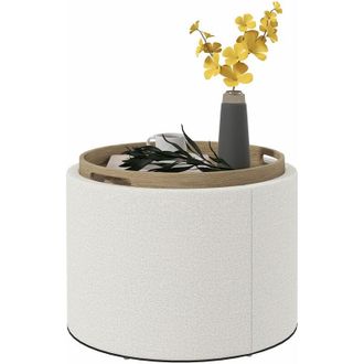 HOMCOM Sitzhocker mit Stauraum, Runder Hocker mit Klappdeckel Couchtisch, 56 x 56 x 42 cm Polsterhocker mit Leinenoptik, f&uuml;r Wohnzimmer