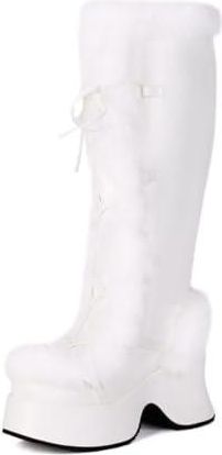 Generic Bottes Hautes Femme Hiver Chaudes Fausse Fourrure Plateforme Talons Compensés Lacets Bout Rond Dessus Résistant Semelle Antidérapante Bottes Décontrac