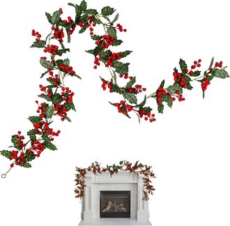 Generic Weihnachts-Laubgirlande, 1,74 m, künstliche Dekoration für Weihnachten, Eukalyptus-Girlande mit roten Beeren, für Innen- und Außenbereich, Schlafzimme