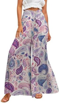 Generic Robe boh&egrave;me 2026 pour femme, pantalon palazzo &agrave; jambes larges, motif floral, jupe-culotte de plage d&eacute;t&eacute; 2025, pantalon fluide et d&eacute;contract&eacute;, violet c