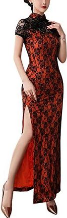 Generic Élégant costume chinois Cheongsam Qipao en porcelaine bleue et blanche avec col mandarin imprimé traditionnel, 35-Orange, L