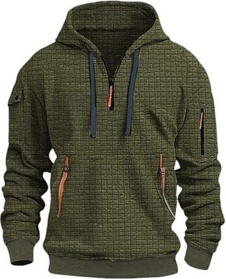 Generic Sweat à capuche pour homme, demi-fermeture éclair gaufrée à carreaux avec cordon de serrage, couleur unie, vêtements dextérieur décontractés, vêtement