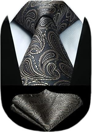 Hisdern Hommes Gris Cravate &agrave; motif cachemire Paisley Floral Mouchoir de f&ecirc;te de mariage pour homme Cravate et pochette de costume