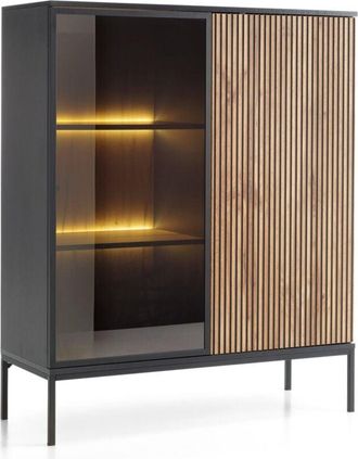 Selsey Selsey - Vitrine 2 portes avec &eacute;clairage LED - Noir et ch&ecirc;ne Wotan - 126 cm de hauteur - Panneau MDF et verre tremp&eacute; - 6 compartiments spacieux