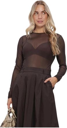 Summum Rundhals-Oberteil Langarm Mesh Uni - - Tops - Damen - Braun - S