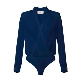 Elisabetta Franchi Georgette Jacquard Shirt mit gekreuztem Halsausschnitt und Lettering - - Tops - Damen - Blau - S