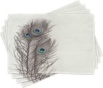 Abakuhaus Pfau Platzmatten, Federn von Exotischer Vogel, Waschbare Stoff Esszimmer Küche Tischdekorations Digitaldruck, Taupe Weiß