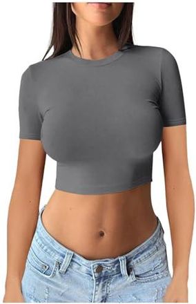 Generic Haut court d&eacute;t&eacute; &agrave; col rond pour femme - Joli t-shirt court athl&eacute;tique ample tendance &agrave; manches longues - Coupe ample - Couleur unie - Mignon - Tendanc