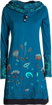 vishes Alternative Bekleidung - Damen Blumen-Kleid Langarm-Shirtkleid Schal-Kragen Baumwollkleid t&uuml;rkis 46