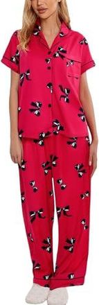 Generic Pyjama imprim&eacute; avec noeud pour femme avec poche &agrave; boutons, style mignon 2026, rose vif, XL