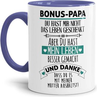 Tassendruck Tasse mit Spruch - Danke Bonus Papa - Kaffeetasse/Spruchtasse/Bester Stiefpapa/Geschenk Stiefvater - Innen & Henkel Cambridge Blau