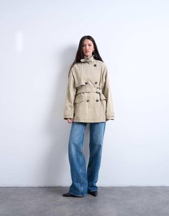 Topshop Kurzer Trenchcoat in Steinbeige mit G&uuml;rtel-Neutral