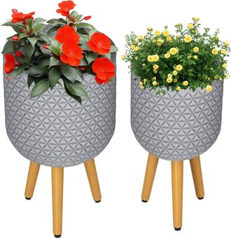 OUTSUNNY Blumentöpfe 2er-Set, Pflanztöpfe mit Abnehmbaren Füßen, Ablauflöchern, Übertopf, Kräutertopf für Innen- und Außenbereich, MgO, Grau