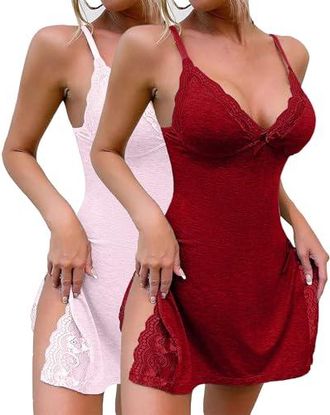 Generic Combinaison pour femme - Robe de nuit lat&eacute;rale avec bordure en dentelle et noeud - Robe de nuit en satin &agrave; bretelles spaghetti, N, XL