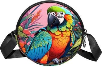 Generic Petit sac &agrave; bandouli&egrave;re rond pour femme, motif perroquet avec fermeture &eacute;clair, bretelles r&eacute;glables, sac &agrave; main rond d&eacute;contract&eacute; pour femmes et filles