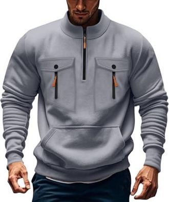 Generic Sweat-shirt l&eacute;ger uni pour homme avec fermeture &eacute;clair 1/4 - Sweatshirt l&eacute;ger d&eacute;contract&eacute; &agrave; manches longues - Col montant - Coupe ajust&eacute;e - Pour entra