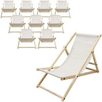 ECD Germany ECD Germany Lot de 10 Chaises Longues Pliantes en Bois Chiliennes, Beige, Dossier R&eacute;glable, 3 Positions de Couchage, jusqu&agrave; 120kg, Bain de Soleil en
