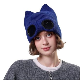Generic M&uuml;Tze Bonnet dhiver pour femme - Coupe-vent - Avec oreilles de chat et verres int&eacute;gr&eacute;s - Chapeau tendance, bleu, taille unique