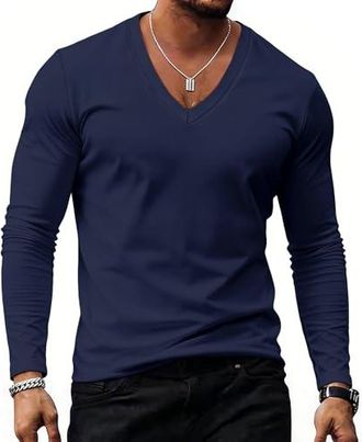 Generic T-shirt &agrave; manches longues pour homme - Col en V - Manches longues - Respirant - Coupe ajust&eacute;e - Couleur unie - Stretch, Bleu marine (01), XXL