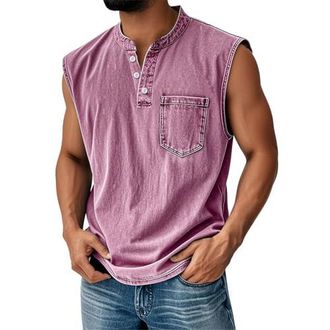 Generic T-shirt Henley vintage respirant sans manches pour homme, coupe d&eacute;contract&eacute;e, uni, boutonn&eacute;, col en V, surdimensionn&eacute;, rose, 3XL
