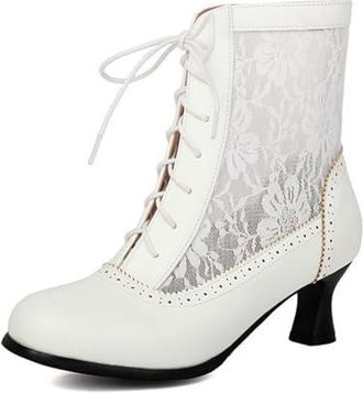 Generic Bottines à lacets style victorien pour femme - Style patchwork - Bout rond - Talon bloc - Chaussures de fête décontractées, blanc, 38.5 EU