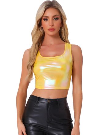 Allegra K Damen Metallic Crop Top Party Tanktop &Auml;rmellos Gl&auml;nzend Club Bauchfrei Oberteil Gelb XL
