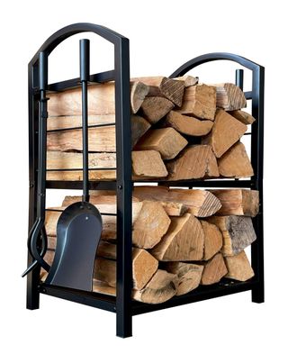 Quick Star Metall Kaminholzregal 45x30x74 cm Schwarz | 5-teiliges Set mit Schaufel, Zange, B&uuml;rste, Sch&uuml;rhaken | 2 Ebenen und 4 Kaminwerkzeuge | Stahl Kaminholzst