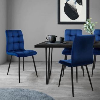 ML Design Set de 4 Chaise de Salle &agrave; Manger, Bleu Fonc&eacute;, Rev&ecirc;tement en Velours, Pieds en M&eacute;tal Noir, avec Dossier Ergonomique, Design Moderne, pour le Salon