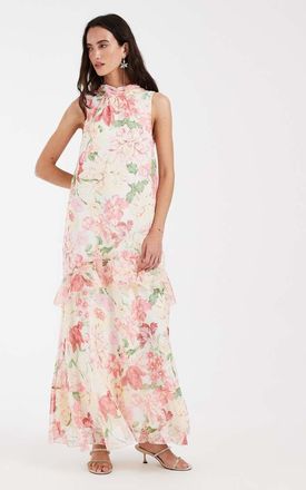 Vero Moda Robe longue sans manches &agrave; imprim&eacute; fleuri rose avec col montant et ourlet volant&eacute; - Cr&egrave;me-Blanc