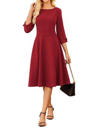 Grace Karin Damen Elegantes Midi Cocktailkleid 3/4 Ärmel U-Boot-Ausschnitt A-Linie Herbstkleider Abendkleid Rot 2XL
