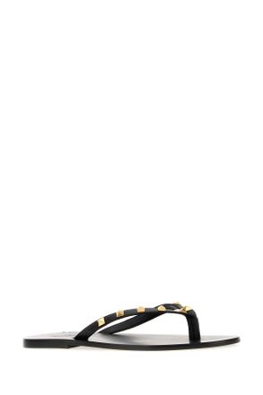 Valentino Garavani Mens Black Leather Rockstud Thong Slippers Nero Flat Shoes