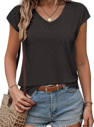 Zeagoo T Shirt Damen V Ausschnitt Kurzarm Blusentop Sommer Elegant Luftig Lochstickerei Shirt Schwarz M