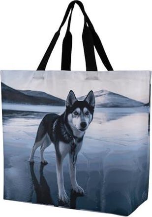 Generic Chien Husky Sur Un Lac Gel&eacute; Sac Courses Imperm&eacute;able Sacs De Courses L&eacute;ger Sac Fourre-Tout Pour Travail Shopping Quotidienne
