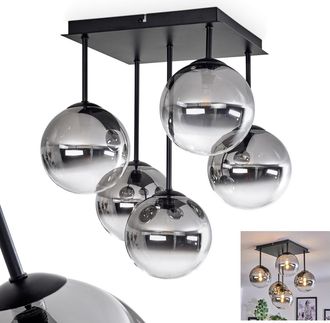 HOFSTEIN Deckenleuchte Chehalis, Deckenlampe aus Metall/Glas in Schwarz/Rauchfarben/Klar, Leuchte im Retro/Vintage-Design mit Schirmen aus Glas (Ø 15 cm), 5 x 