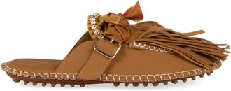 13 09 SR Womens Puli Leather Mules Saddle Brown Crystal Slippers Flat Shoes