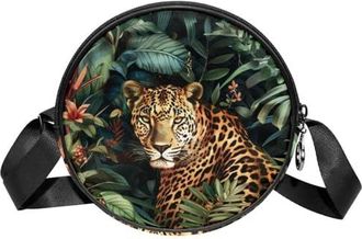 Generic Petit sac &agrave; bandouli&egrave;re circulaire pour femme, motif l&eacute;opard de la jungle avec fermeture &eacute;clair, bretelles r&eacute;glables, sac &agrave; main rond d&eacute;contract&eacute; pour