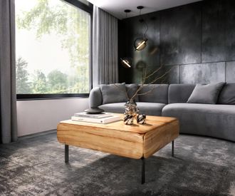 DELIFE Couchtisch Shavani 90x90 cm Akazie Natur 2 T&uuml;ren L-Fu&szlig; Metall Schwarz, Couchtische