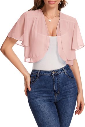 Bbonlinedress Bolero Damen festlich rosa Chiffon elegant Kurzarm Casual Sommer Bolerojacke Offene Vorderseite Schulterjacke Pink 2XL