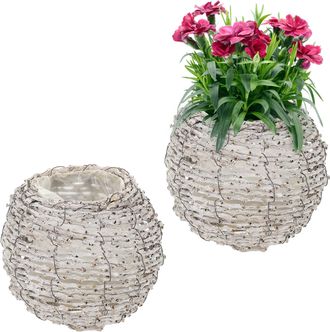 Relaxdays Blumentopf, 2er Set, Rattan, Pflanzentöpfe mit Folie, HxD: 17 x 20 cm, runde Pflanzkörbe für innen, weiß/Natur