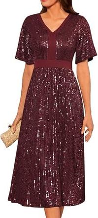 Grace Karin Robe Trapèze Décontractée de Cocktail Élégante Mi-Longue Col en V Manches Longues de Sequins Jupe Plissée Taille Haut S Vin Rouge