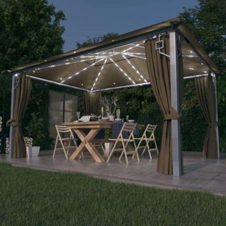 vidaXL Vidaxl - Tonnelle avec rideau et lumi&egrave;res led 4x3 m Taupe Aluminium
