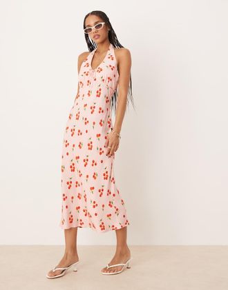 Nobody's Child Lyne - Robe mi-longue &agrave; encolure am&eacute;ricaine - Rose &agrave; imprim&eacute; tomate