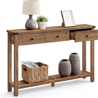 Vasagle Konsolentisch, Beistelltisch, schmaler Sofatisch, mit 3 Schubladen und Einer Ablage, für Flur, Wohnzimmer, Landhausstil, honigbraun LNT142KB01