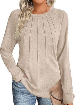 Zeagoo T-shirt à manches longues pour femme - Col rond - Décontracté - Plissé - Couleur unie - Basique - Automne - Tunique ample - Tailles S à XXL, beige, XX